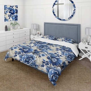 Designart "Romantic Cobalt Blue Swirls Victorian Pattern II" Cottage Bed Cover Set With 2 Shams ...